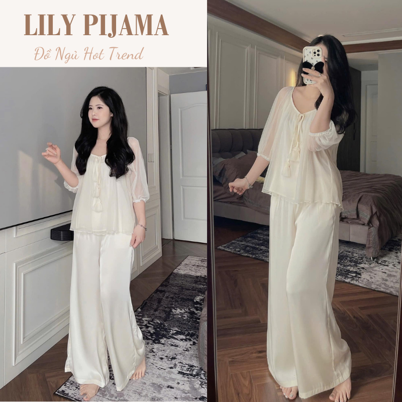 Bộ ngủ cotton nữ cao cấp dài tay vải lụa phối voan tay Lily, đồ mặc nhà ...