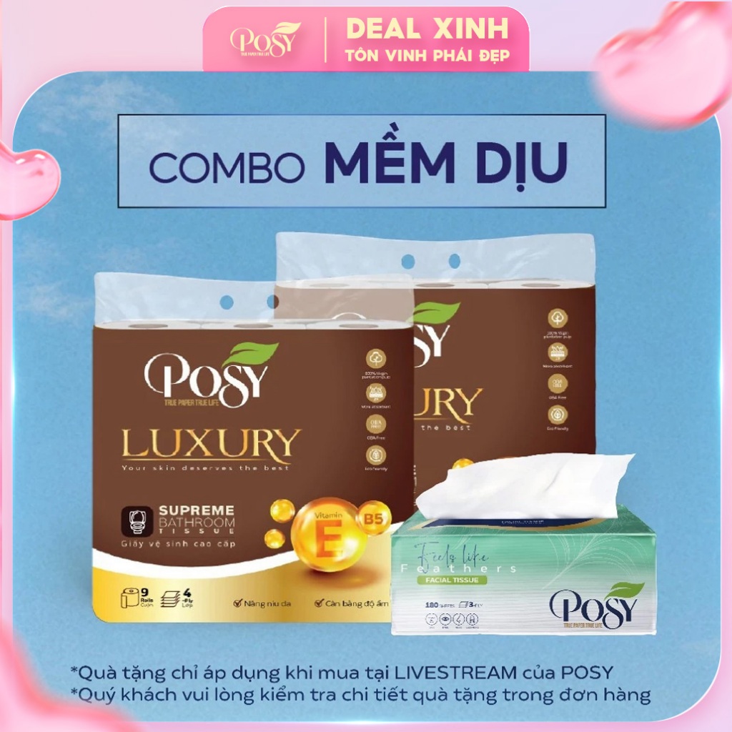 POSY - COMBO MỀM DỊU - 2 bịch giấy vệ sinh POSY LUXURY 9 cuộn 4 lớp tặng kèm 1 gói khăn giấy rút ...