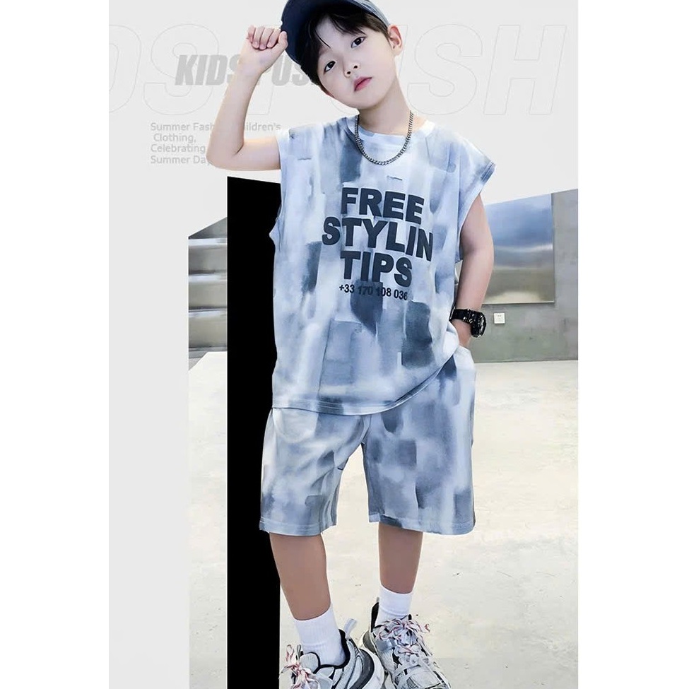 Bộ quần áo ba lỗ dành cho bé trai 14-52kg mẫu chữ FREE. Chất liệu mềm mại, thoáng mát. H17 ...