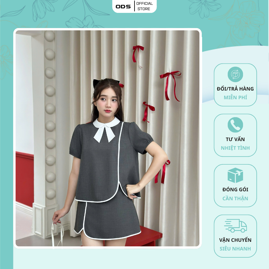 Set Áo Xám ODS thiết kế cổ sen trắng gài 1 nút, tay ngắn phồng viền ...