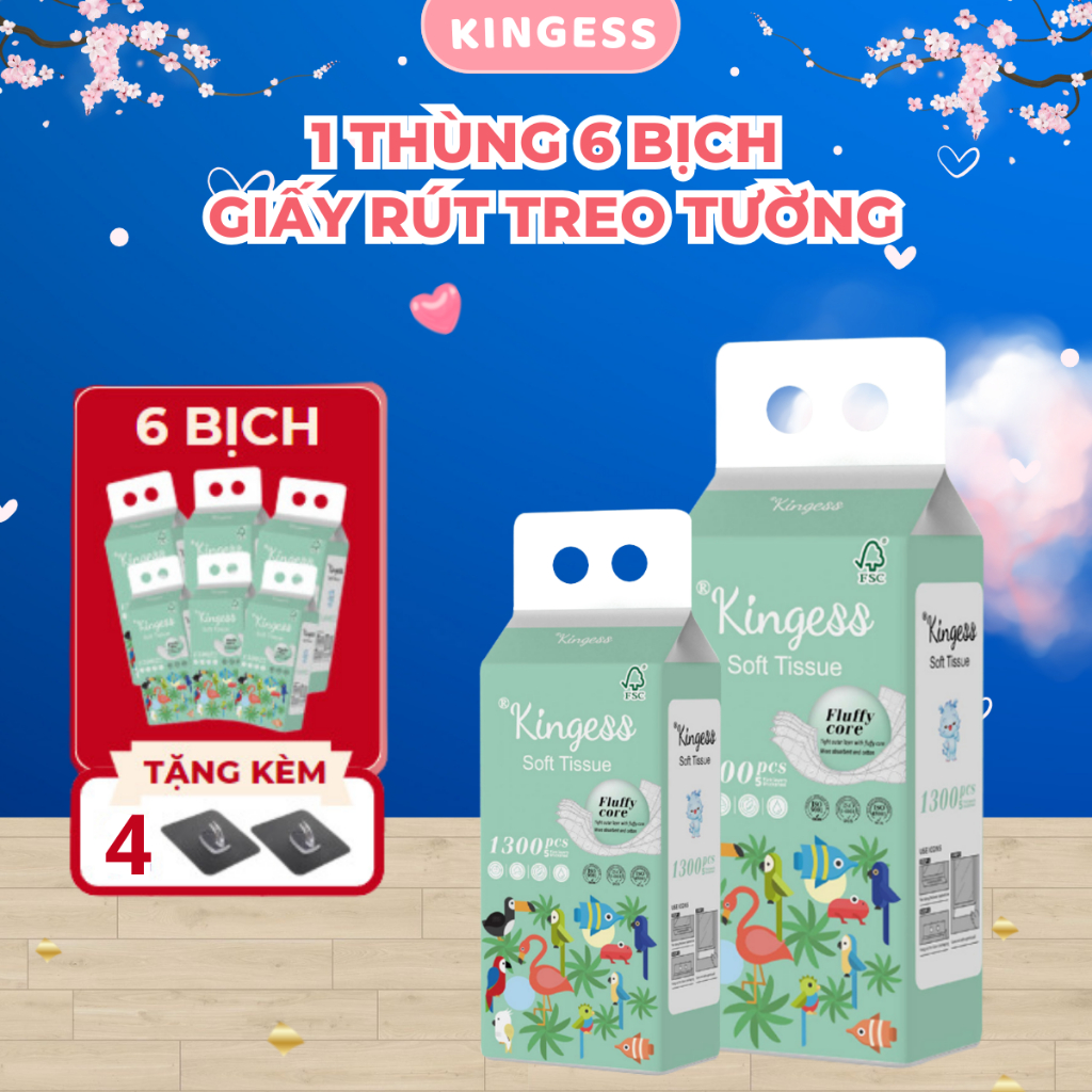 Thùng 6 bịch giấy rút treo tường KINGESS ( 1300 tờ ) khăn giấy vệ sinh ...