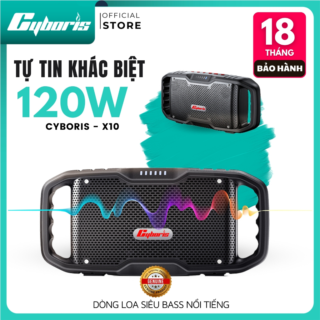 Loa Bluetooth Cyboris X10, Công suất 120W, Loa siêu Bass, Chống nước IPX6, Pin 10000mAh ...