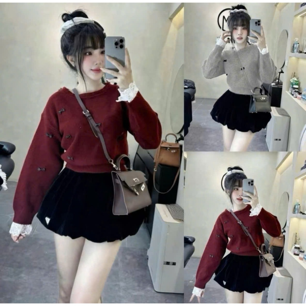 Sét váy thiết kế tiểu thư cách điệu sét áo tăm tiu tay dài phối ren ...