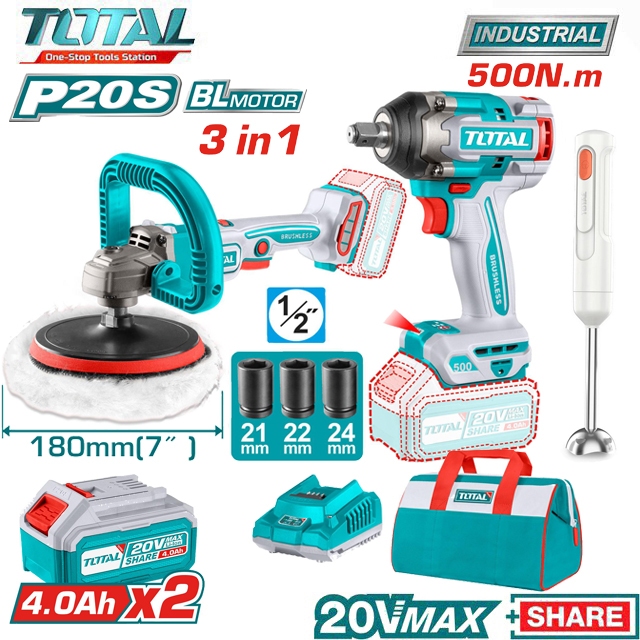 Bộ Combo Máy siết buloong 500n/m & Máy đánh bóng 180mm ko chổi than dùng pin 20V & máy xay cầm ...