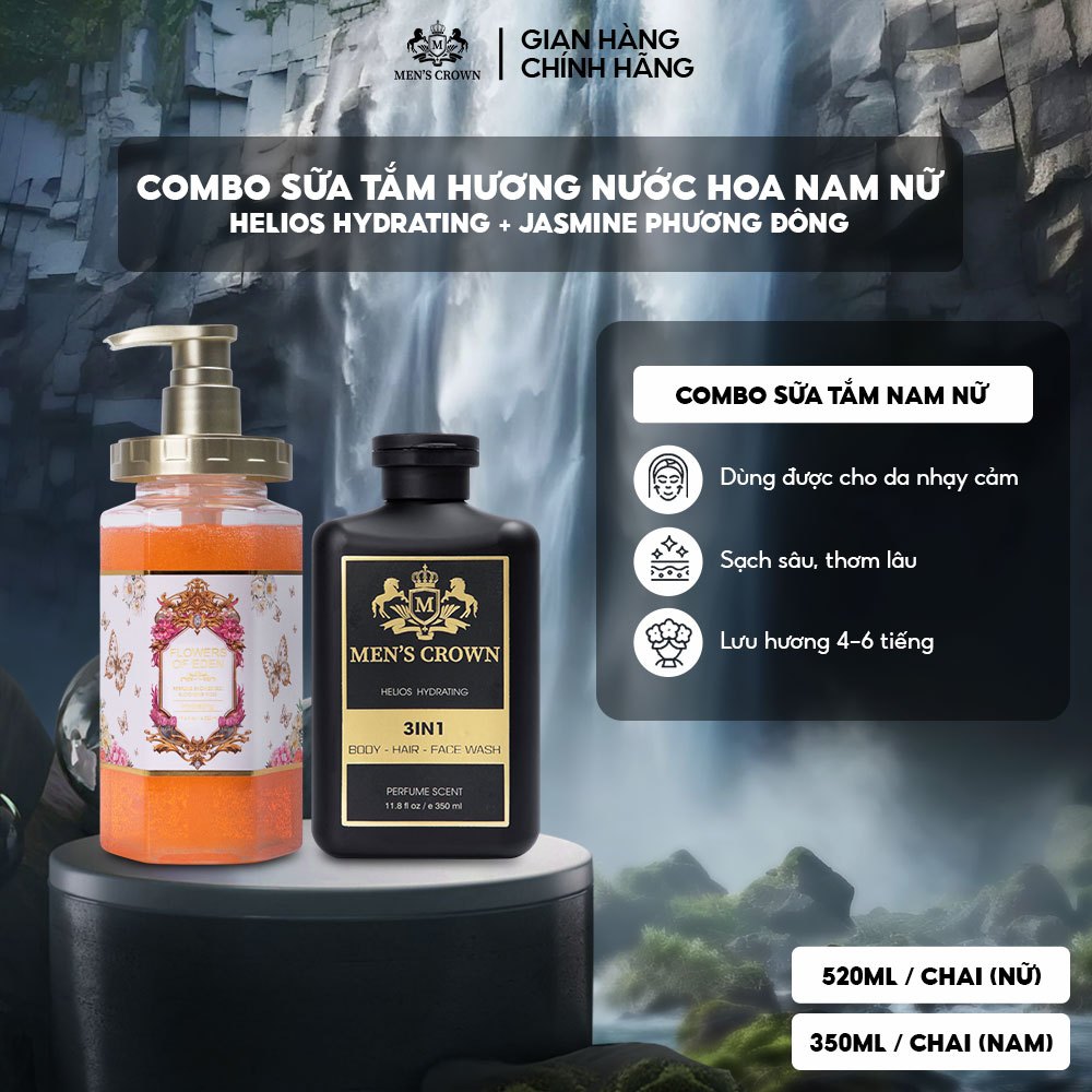 COMBO Sữa tắm gội rửa mặt nam Men’s Crown Helios Hydrating & Sữa tắm cánh hoa nữ Flowers Of Eden ...