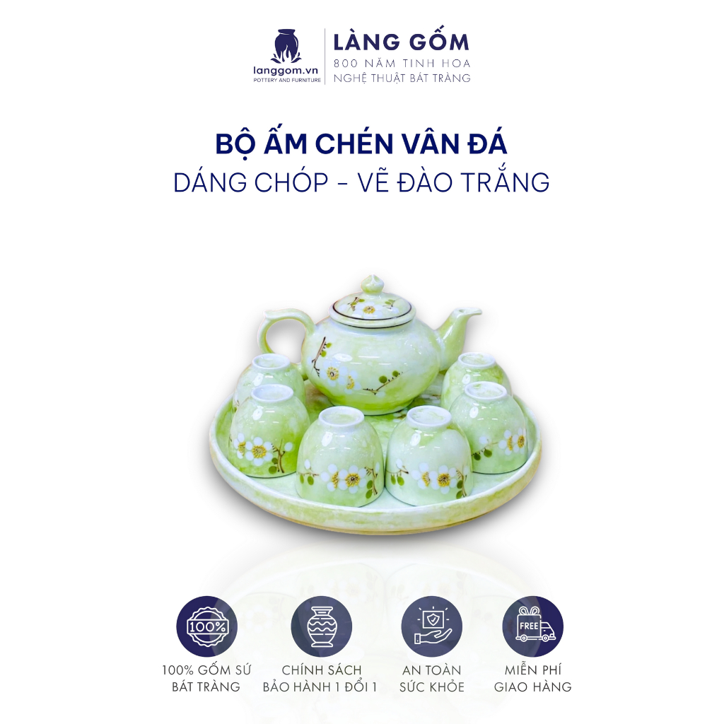 Bộ ấm chén dáng Chóp màu vân đá vẽ đào trắng, dung tích 350ml - Gốm sứ ...