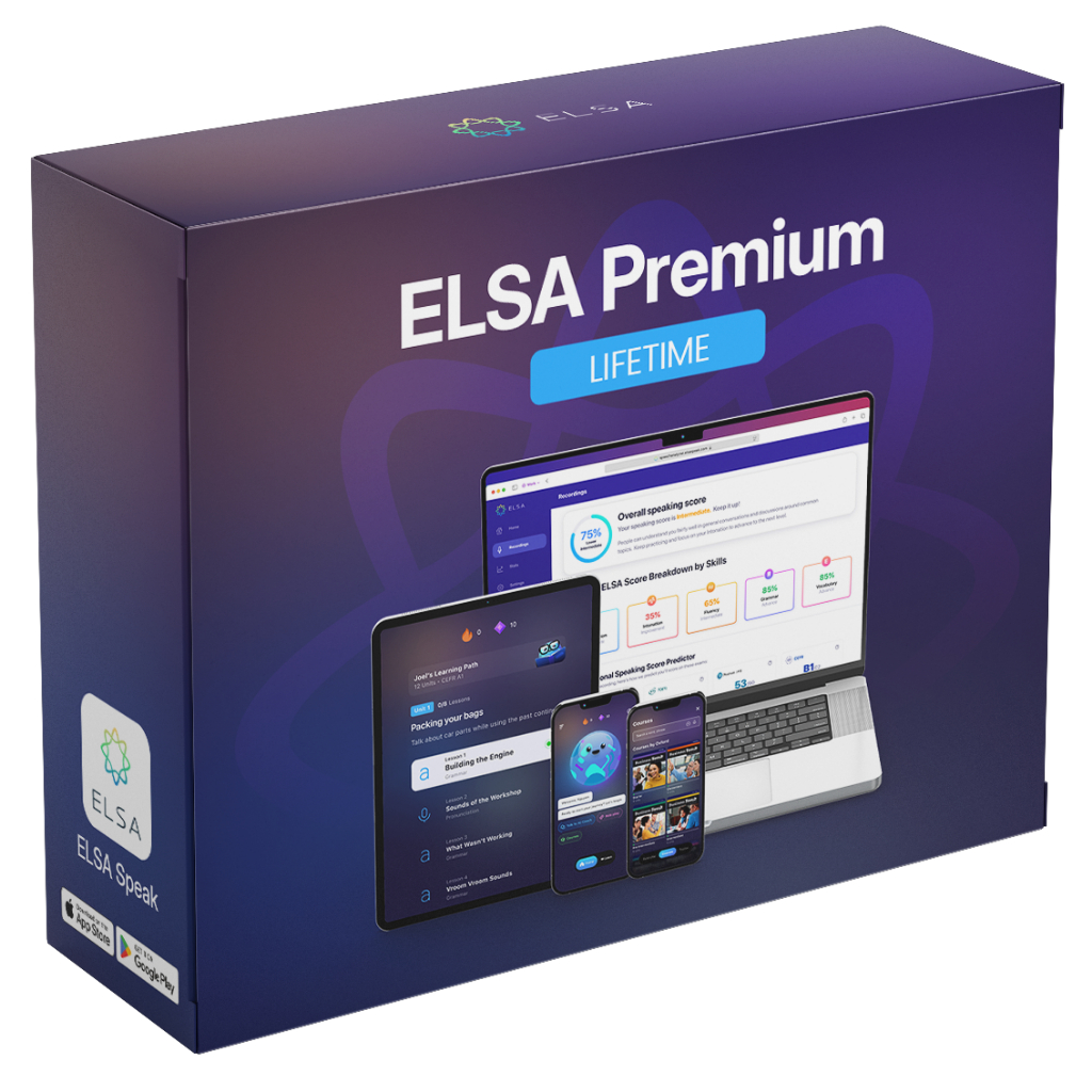ELSA Premium Trọn đời bao gồm ELSA Pro, AI Role Play, Speech Analyzer ...