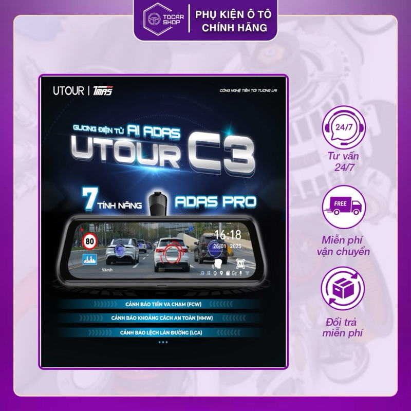 Camera Hành Trình Gương Điện Tử AI ADAS UTOUR C3,Tích Hợp 7 Tính Năng ...