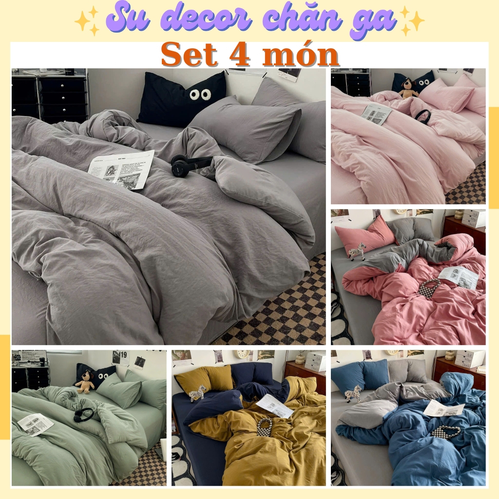 Bộ chăn ga trải giường cotton tici 4món Bộ grap trải giường cotton đũi cao cấp nhiều màu sắc ...