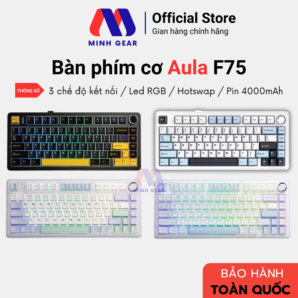 Bàn phím cơ không dây AULA F75 Có Hotswap, Led RGB, Kết nối 3 Mode ...