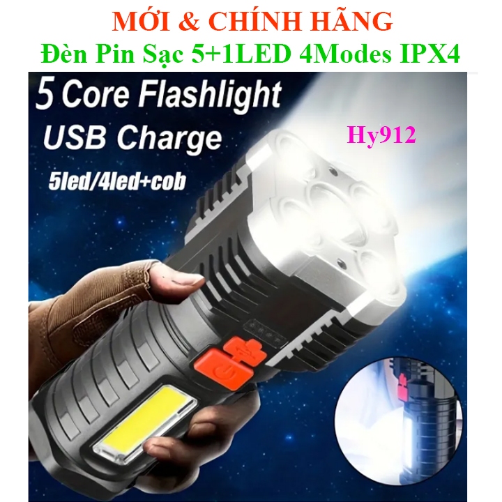 Đèn Pin 5+1 bóng LED Chống nước IPX4 4 Chế độ sáng Dùng pin sạc Hy912 ...