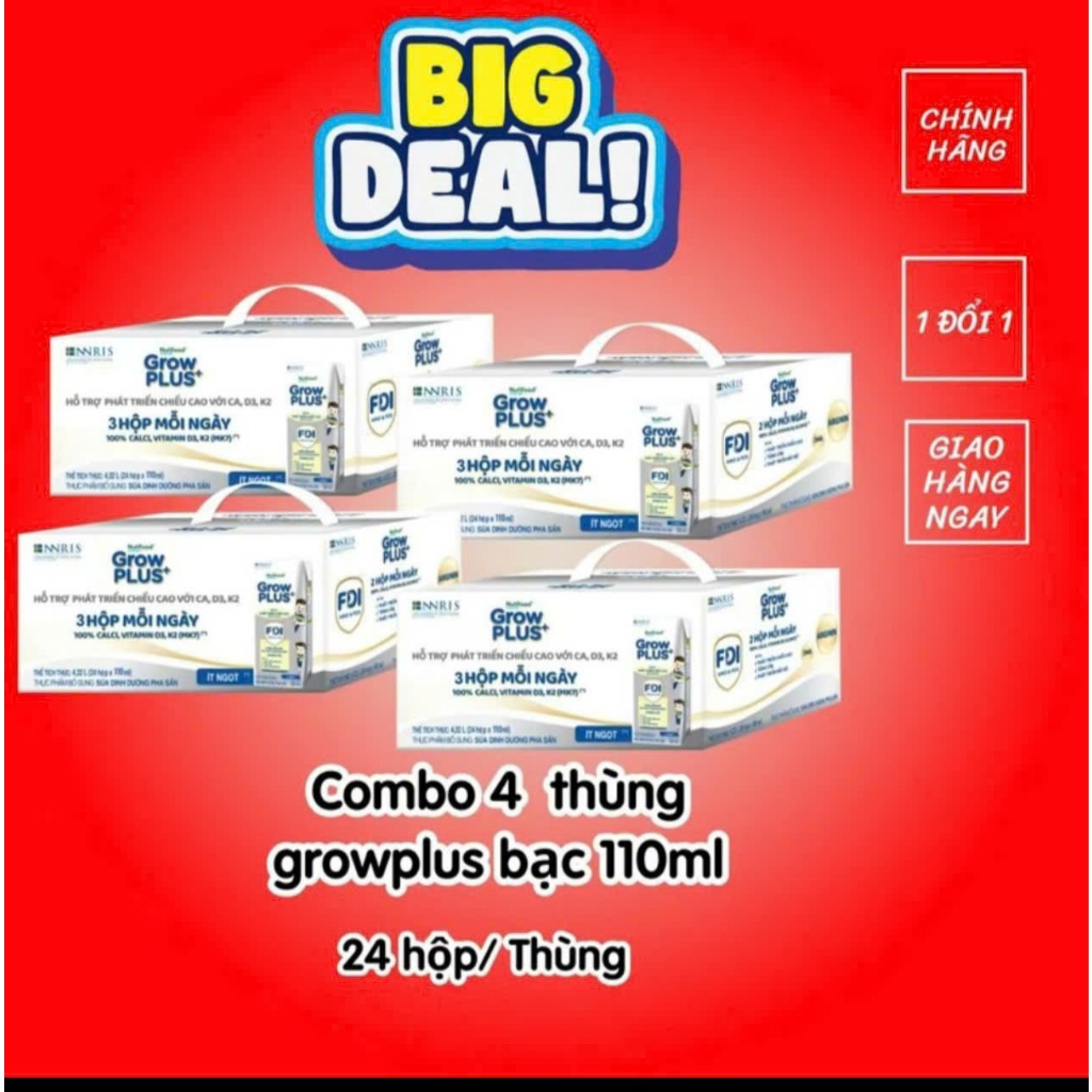 [ Grow plus] Combo 4 thùng 24 hộp 110ml sữa bột pha sẵn Growplus bạc ...