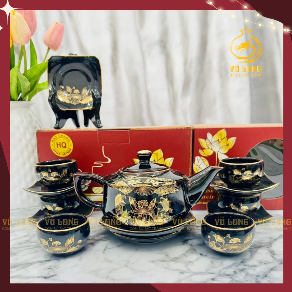 Bộ ấm chén đen vẽ vàng kim dáng Tre gốm Bát Tràng cao cấp, ấm trà sang ...