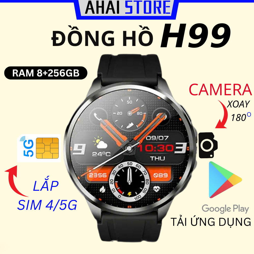 Đồng hồ H99 RAM 8+256GB lắp sim nghe gọi độc lập + kết nối bluetooth với điện thoại camera xoay ...