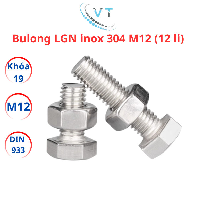 1 bộ bulong + tán (ecu) inox 304 M12 (12 li) size 20mm - 200mm ...