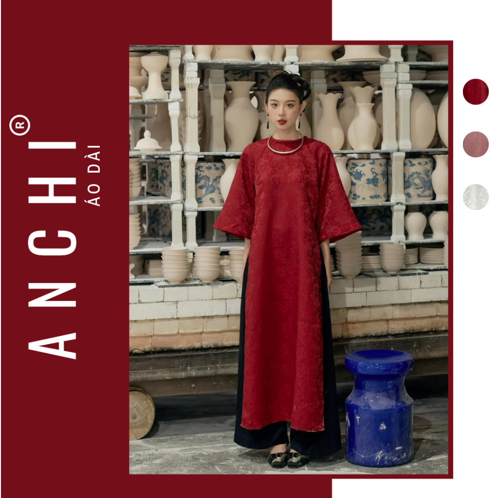 Áo Dài Dáng Suông Châu Sa vải họa tiết hoa nổi cổ đan, tay lỡ - Áo Dài ANCHI | Shopee Việt Nam