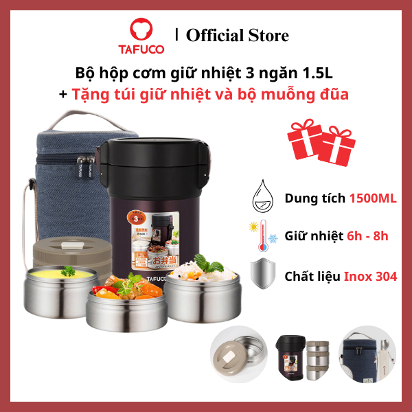 Bộ hộp cơm giữ nhiệt TAFUCO T2542 1.5L Inox 304 + tặng kèm set muỗng ...