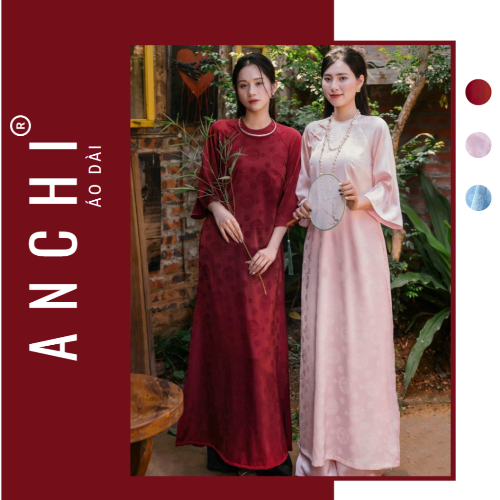Áo Dài Dáng Xưa Thanh Chi, vải Gấm họa tiết cổ tròn tay lỡ, điểm nhấn đính 3 nơ - Áo Dài ANCHI ...