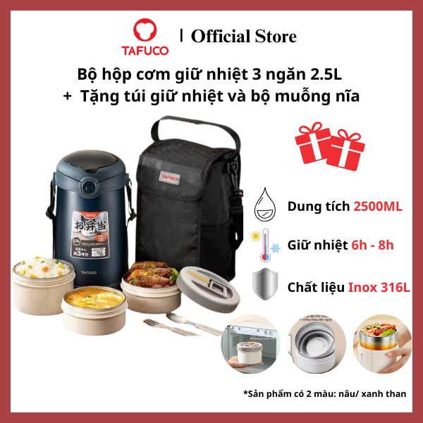 Bộ hộp cơm giữ nhiệt TAFUCO 2.5L Inox 316L + tặng kèm set muỗng nĩa ...