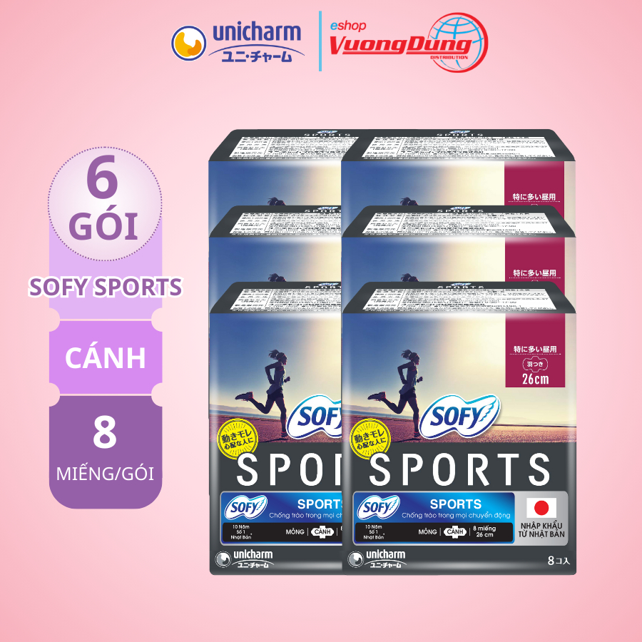 Lốc 6 gói Băng vệ sinh Sofy Sports có cánh 26cm gói 8 miếng | Shopee Việt Nam
