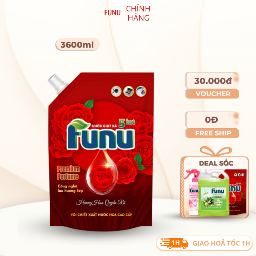 Nước giặt xả Funu hương nước hoa cao cấp, chống khuẩn, ngăn tái bám 3 ...