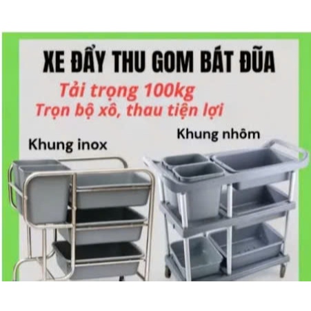 (Trọn bộ xô thau) Xe đẩy thu gom thức ăn thừa, Xe thu gom chén dĩa ...