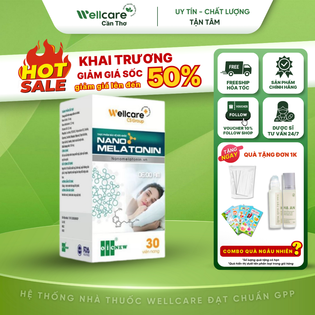[ TẶNG LĂN MUỖI 70K] Nano Melatonin Wellcare- Lọ 30, 60 viên Bổ sung ...
