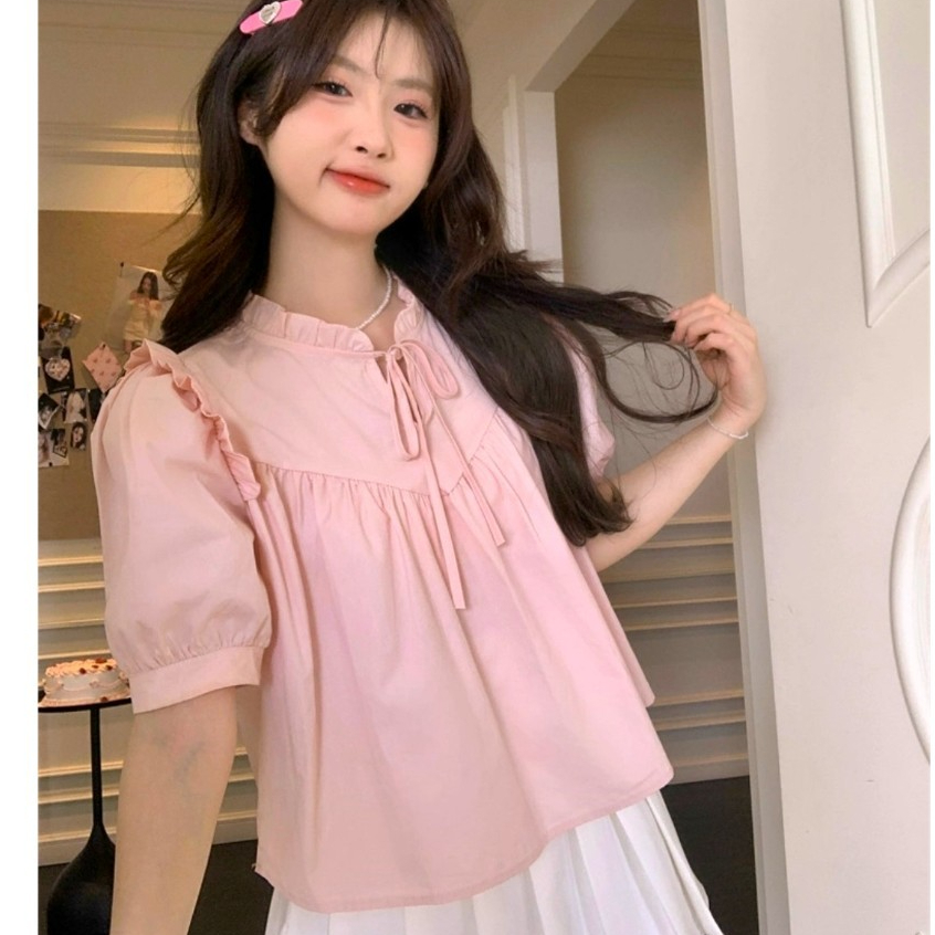 Áo babydoll ngắn tay bèo cổ buộc nơ thân trước bổ cúp V bồng nhún phong ...