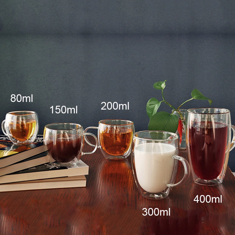 cốc ly thủy tinh 2 lớp giữ nhiệt dùng uống trà và café, có tay cầm 400ml; 300ml; 200ml; 150ml ...