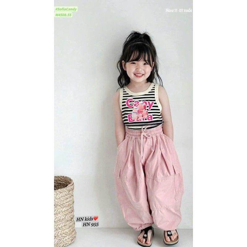 Đồ bộ bé gái, Set áo ba lỗ kẻ đen trắng mix quần túi hộp xịn xò cho bé ...