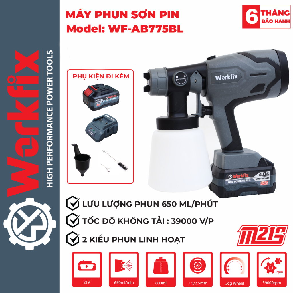 Máy phun sơn pin WORKFIX - SG800ML, 650ml/p, Bình 800ml, 2 kiểu phun, Chân Pin thông dụng ...