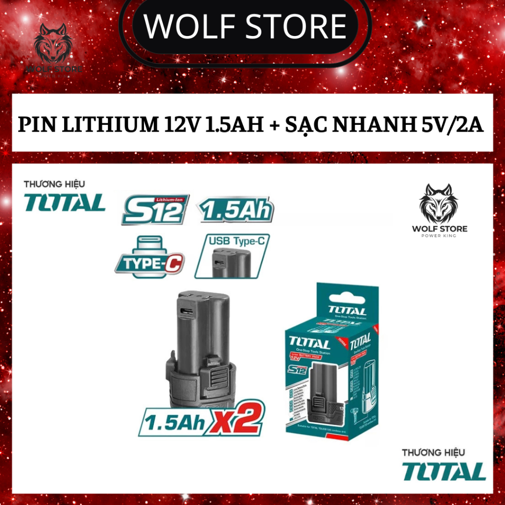 PIN LITHIUM TOTAL TBLI12153 12V 1.5AH + SẠC NHANH 5V/2A + CÁP USB-C 1M ...