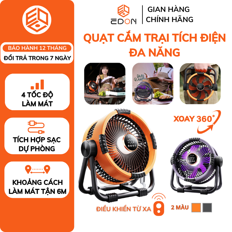 Quạt Mini Tích Điện EDON - Xoay 360°, 4 Cấp Độ Gió, Điều Khiển Từ Xa, Đèn LED QDN01 | Shopee ...