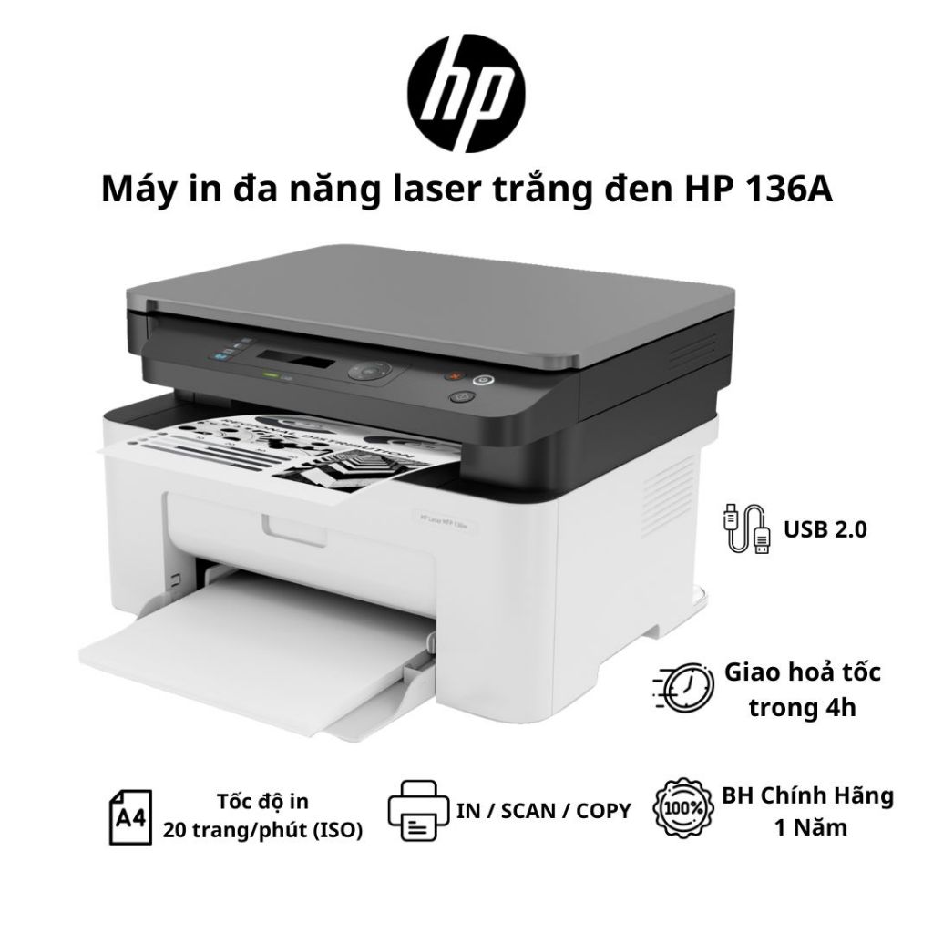Máy in Laser đen trắng đa chức năng HP Laser MFP 136A (A4/A5/ In/ Copy/ Scan/ USB) - BH Chính ...