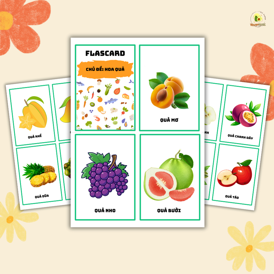 Bộ thẻ flashcard chủ đề các loại quả được in 2 mặt và ép plastic, Thẻ ...