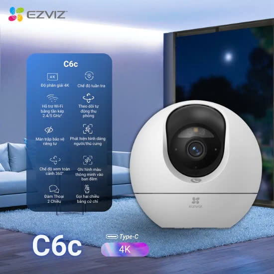 Camera Wifi EZVIZ C6C 4K 8MP Siêu Nét, Góc Rộng, Xoay 360 Độ, Đàm Thoại 2 Chiều, Bảo Hành 2 Năm ...