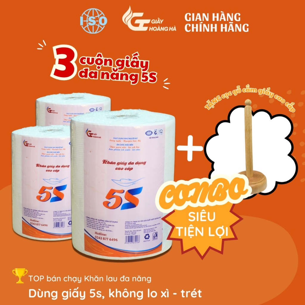 Khăn giấy ĐA NĂNG 5S 1kg dạng cuộn, COMBO 3 cuộn tặng cọc gỗ cắm giấy tiện lợi, giấy thấm DẦU MỠ ...