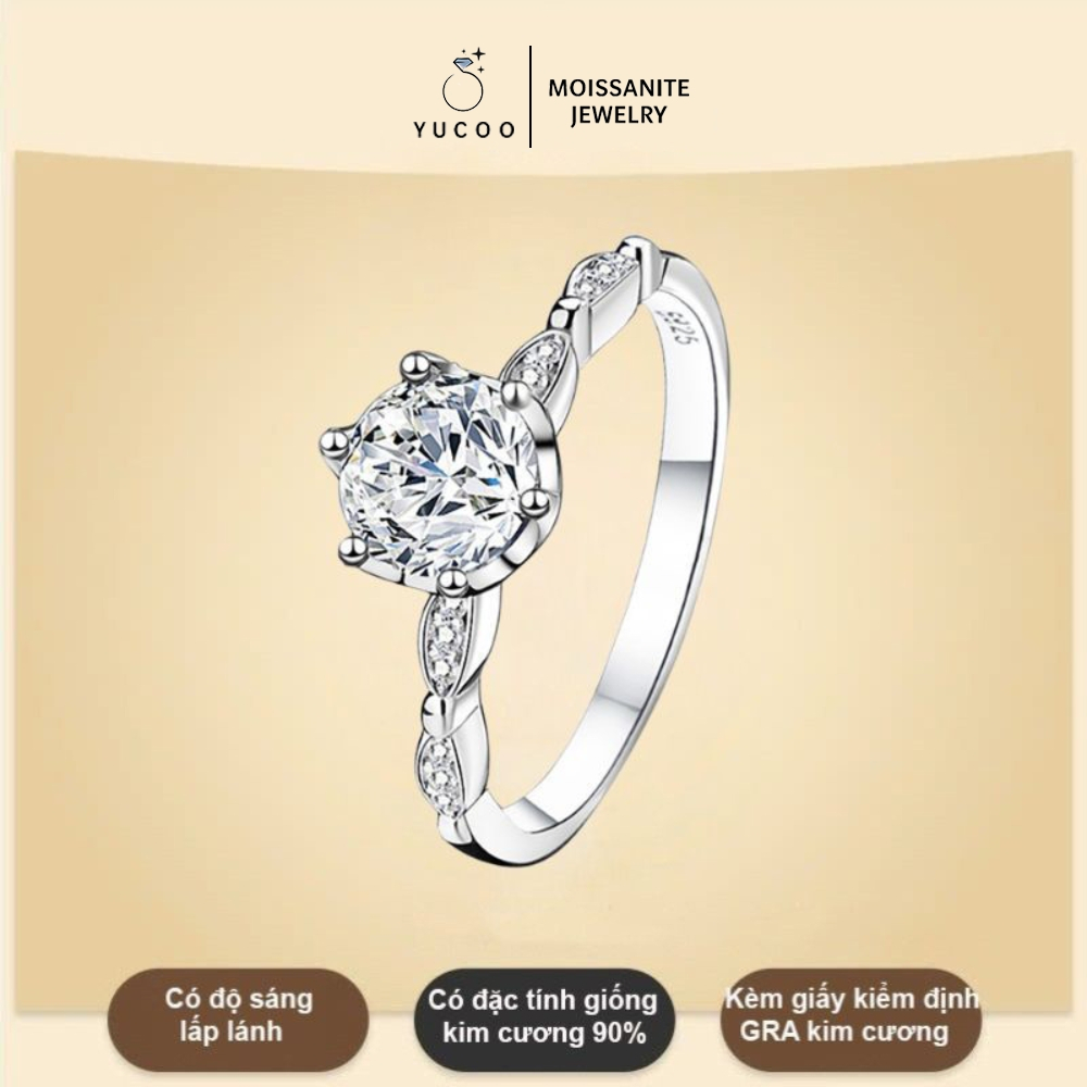 Nhẫn nữ YUCOO MOISSANITE 6 ly kiểm định GRA đính đá tròn 6 chấu lấp lánh sang chảnh phụ kiện ...