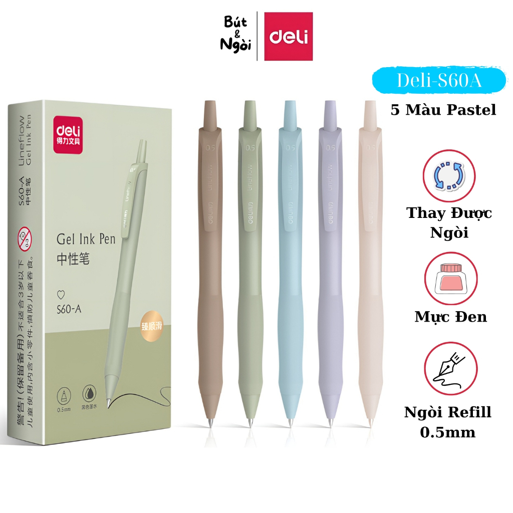 Bút Gel Deli S60-A/S60-B màu bút pastel mực đen ngòi 0.5mm viết siêu êm ...
