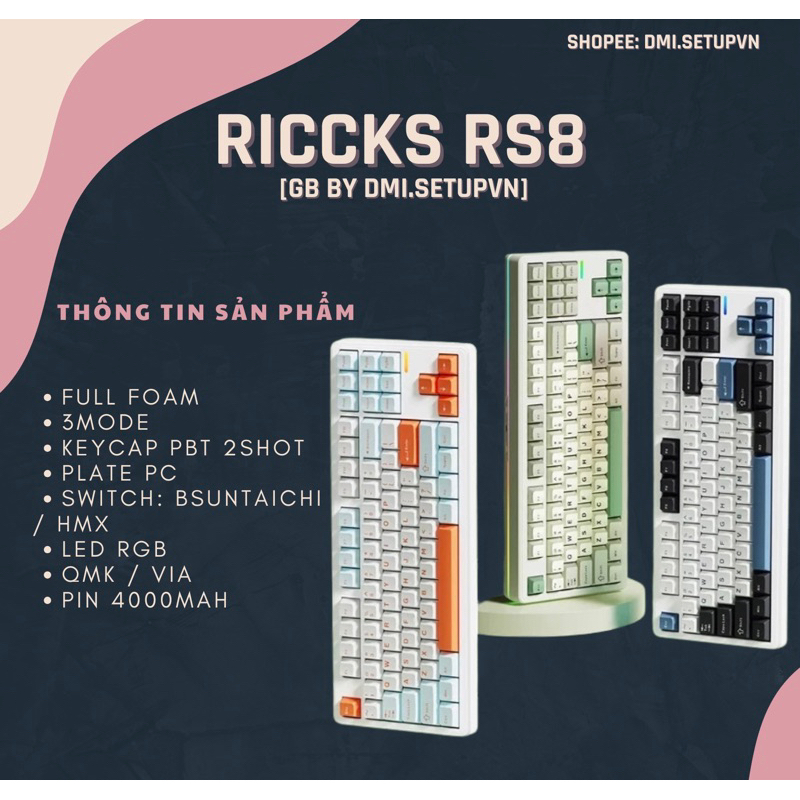[HOẢ TỐC] Bàn Phím Cơ Riccks RS8 led viền Keymap Via 3 Modes Hotswap RGB | Shopee Việt Nam