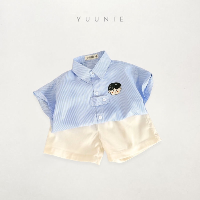 Set sơ mi bé trai Yuunie, áo sơ mi kẻ xanh, quần kaki hình in cậu bé ...