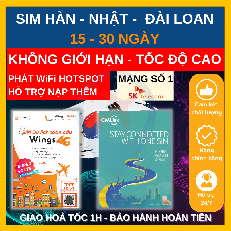 Sim Nhật Bản Hàn Quốc Đài Loan dài ngày 15 30 ngày mạng mạnh nhất 4G 5G Softbank SK Telecom SKT ...