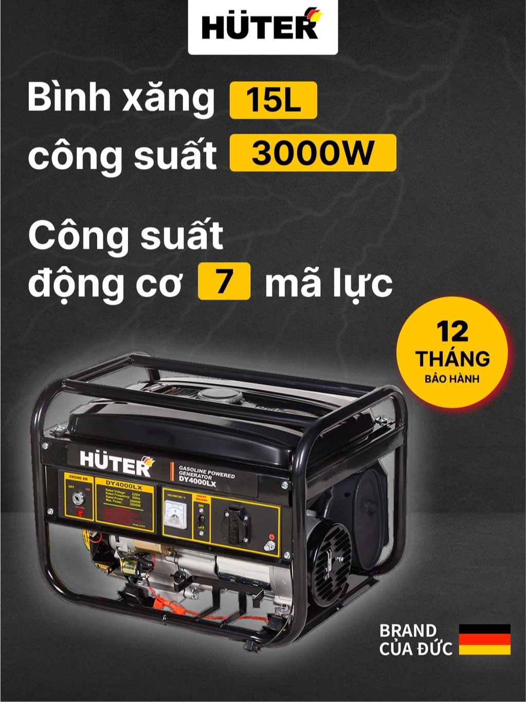 Máy phát điện công nghệ Đức chạy bằng xăng 3000/5000/6500/7500W, điện áp 220V, bình 15/22/25L ...