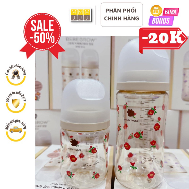 Bình sữa Green Finger Bebegrow nhựa PPSU cao cấp chính hãng Hàn Quốc size 160ml/280ml, núm ty 2 ...