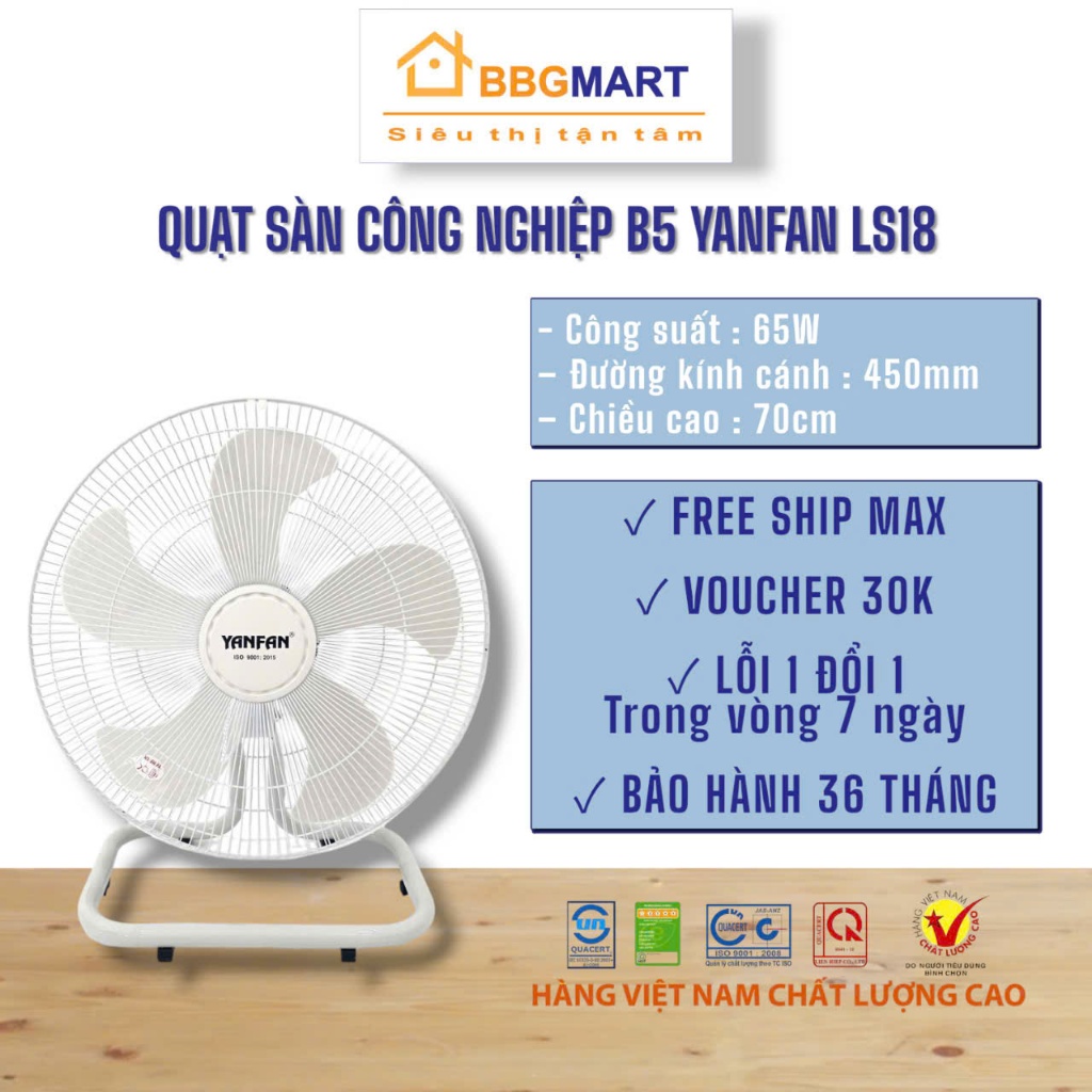 Quạt Sàn Công Nghiệp YANFAN SN18 - Động Cơ Dây Đồng 100% - Cánh 5 Lá ABS 450mm - 65W - Bảo Hàng ...