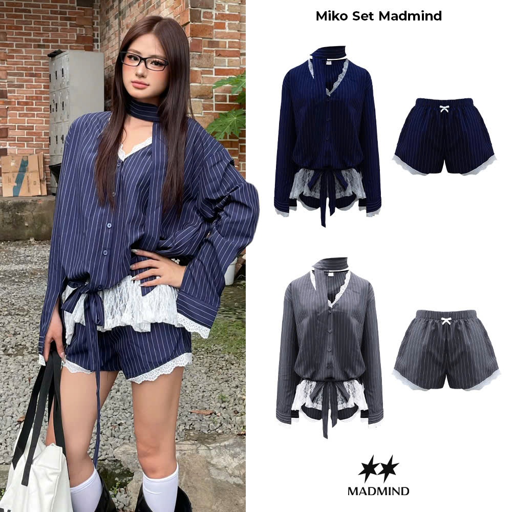 [ SET KÈM DÂY ] Áo Kiểu Sơ Mi Tay Dài Miko / Quần Ngắn Nữ Miko MADMIND Hoạ Tiết Sọc Phối Ren ...