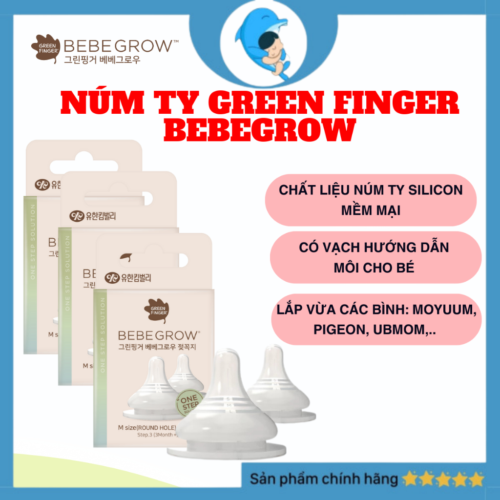 Núm ti bình sữa Greenfinger Bebegrow silicon mềm mại có hai van thoát khí, đủ size SS/S/M/L/LL ...