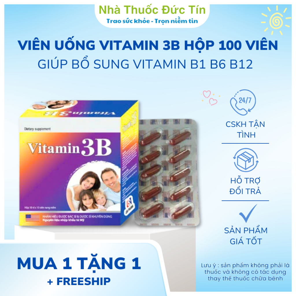[Chính hãng] Viên uống Vitamin 3B Giúp bổ sung và dự phòng thiếu hụt vitamin B1, B6, B12 cho cơ ...
