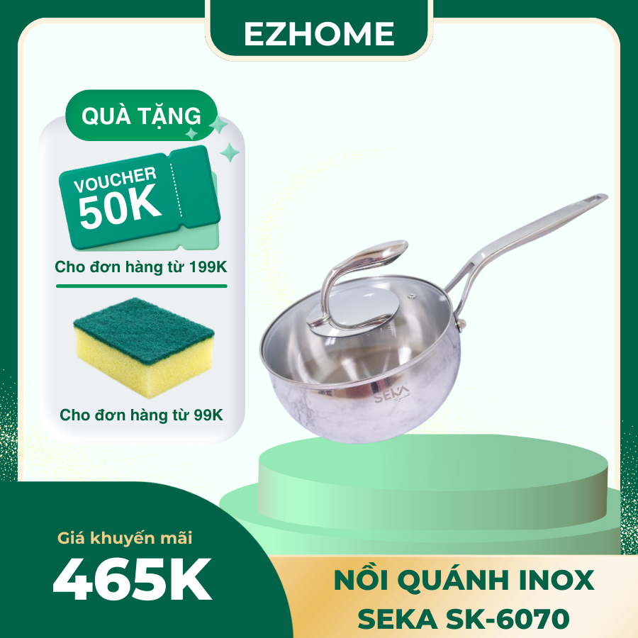 Nồi quánh inox 304 Seka SK6070, quánh inox đáy từ size 18cm dung tích 2 ...