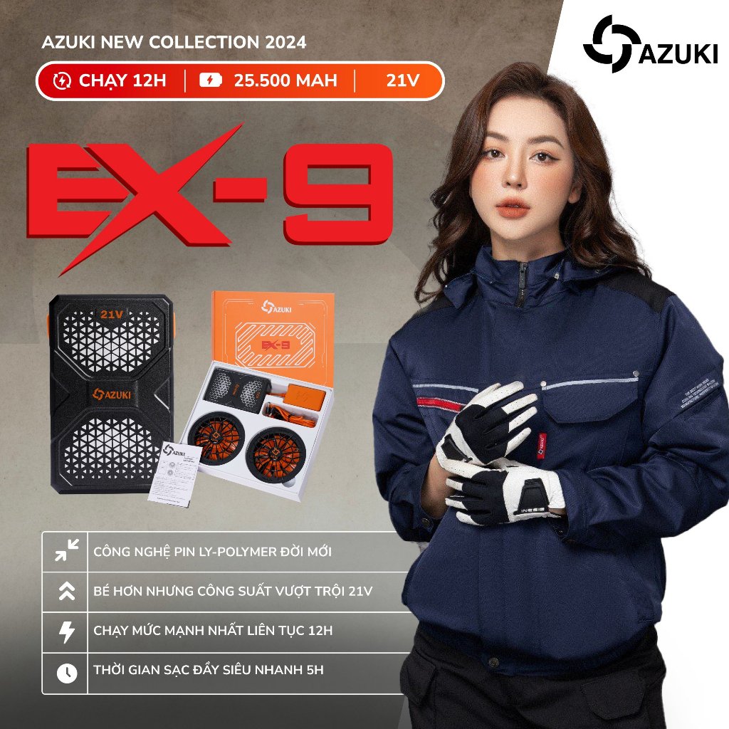 Áo Điều Hòa Nữ Gắn Quạt AZUKI EX9 Mới Nhất 2025 Pin 25.500mah, Quạt 21V, Chạy 12h Đến 20h BH 12 ...